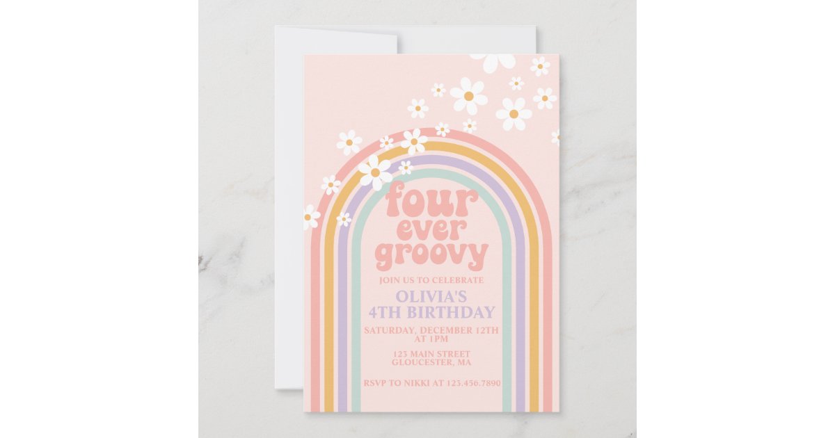 Daisy Four Ever Groovy Pastel rainbow 4th birthday Invitation | Zazzle