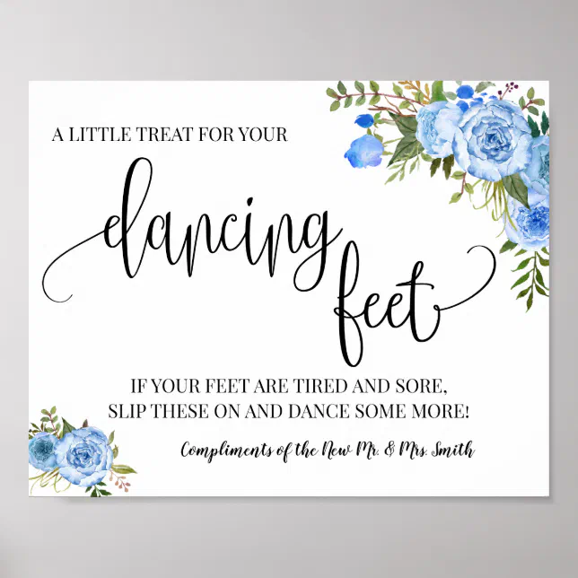 Dancing feet sign flip flops wedding blue floral | Zazzle