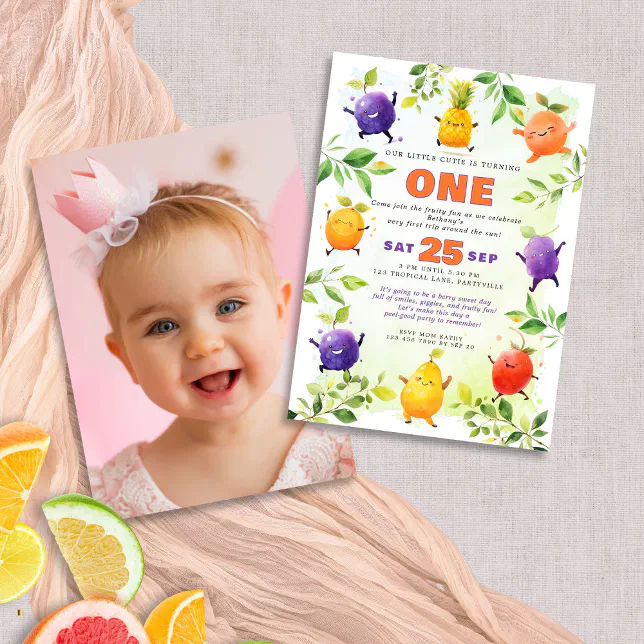 Dancing Fruit First 1st Birthday Party Photo Invitation | Zazzle