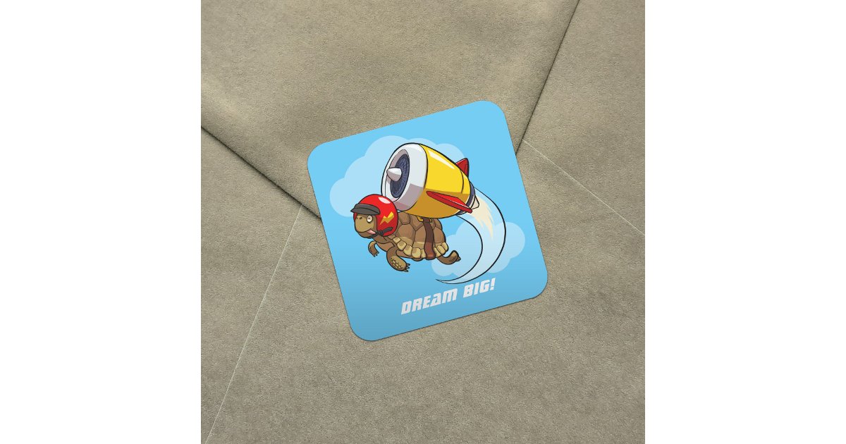 Daredevil Flying Tortoise with a Jet Pack Cartoon Square Sticker | Zazzle