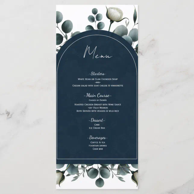 Dark Blue & White Modern Floral Greenery Menu | Zazzle