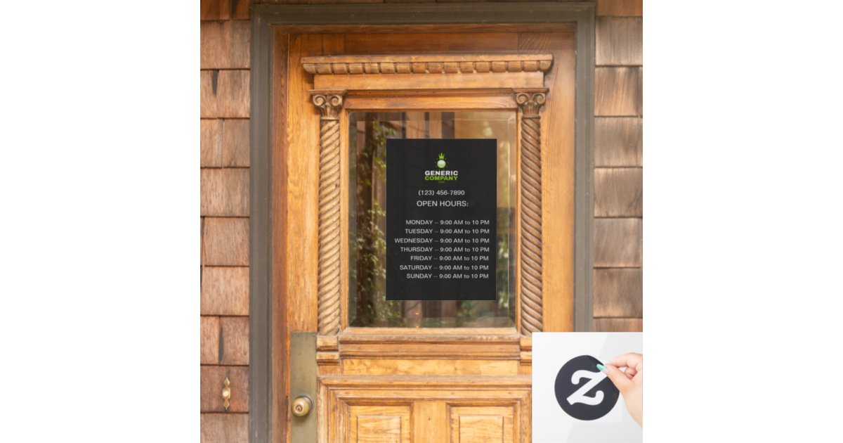 Dark Corporate Branded Custom Company Hours Window Cling | Zazzle