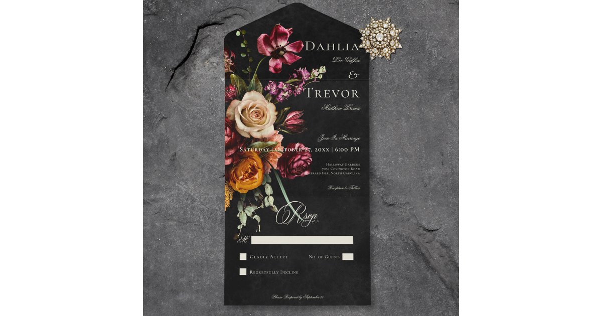 Dark Elegant Autumn Floral Wedding No Dinner All In One Invitation | Zazzle