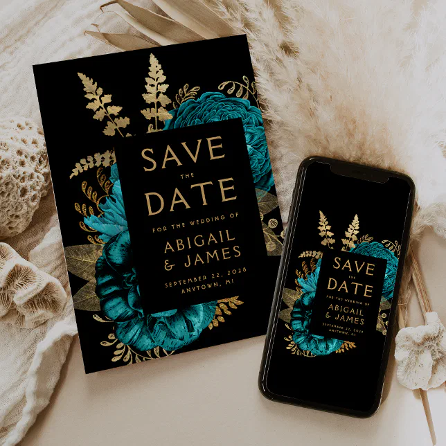 Dark Floral Turquoise Gold Wedding Save the Date Invitation | Zazzle