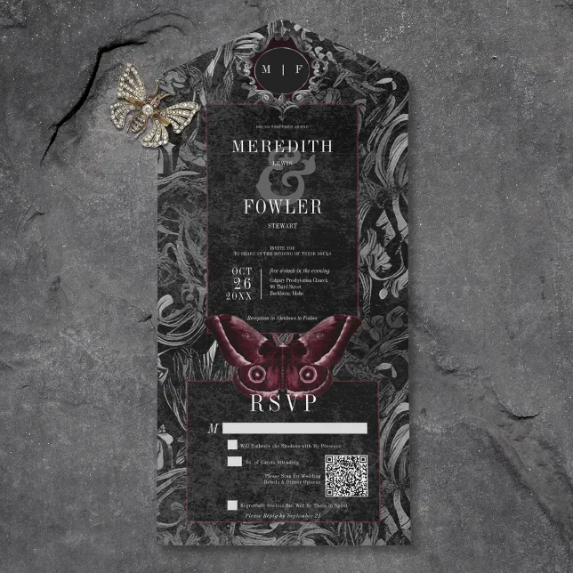 Dark Gothic Black & Grey Filigree Moth QR Code All In One Invitation ...