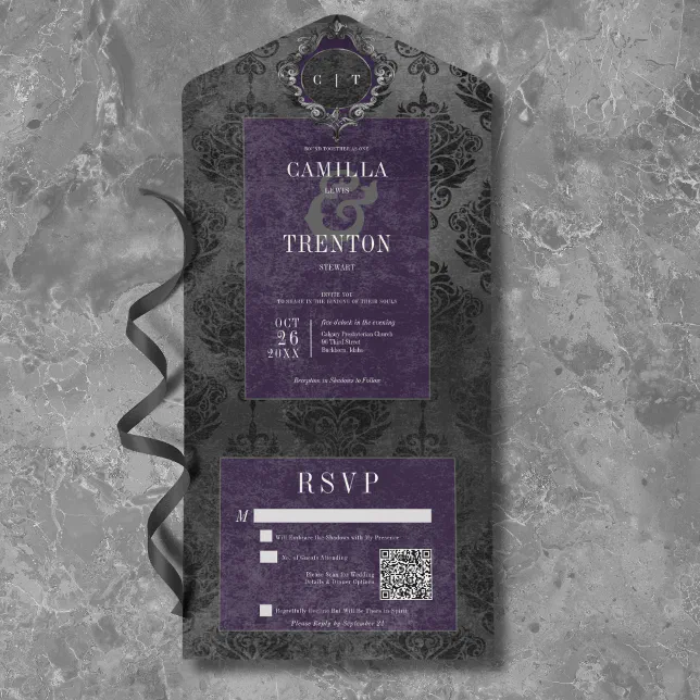 Dark Gothic Black & Purple Damask QR Code All In One Invitation | Zazzle