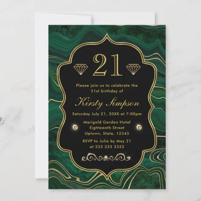 Dark Green Malachite and Gold Foil Strata Birthday Invitation | Zazzle