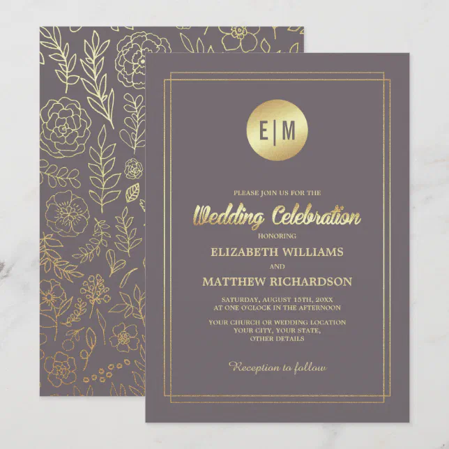 Dark Mocha Gold Floral Wedding Invitation | Zazzle