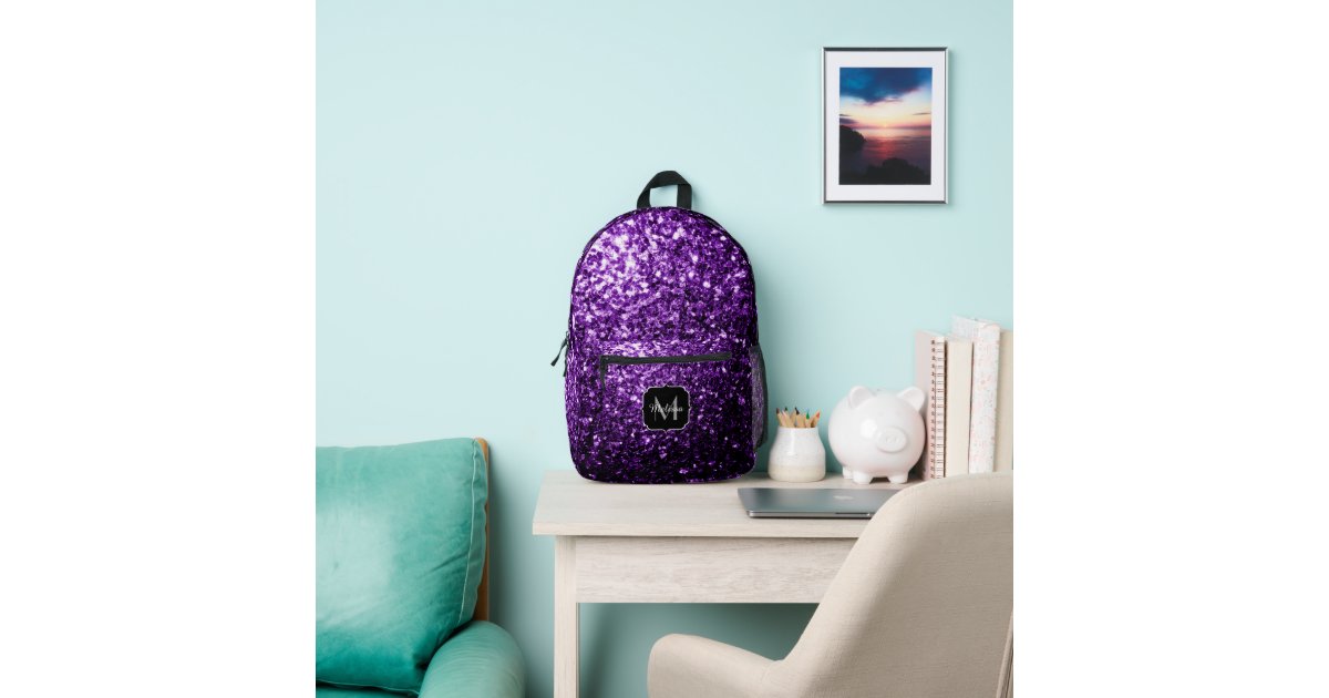 Dark purple faux glitter sparkles Monogram Printed Backpack | Zazzle