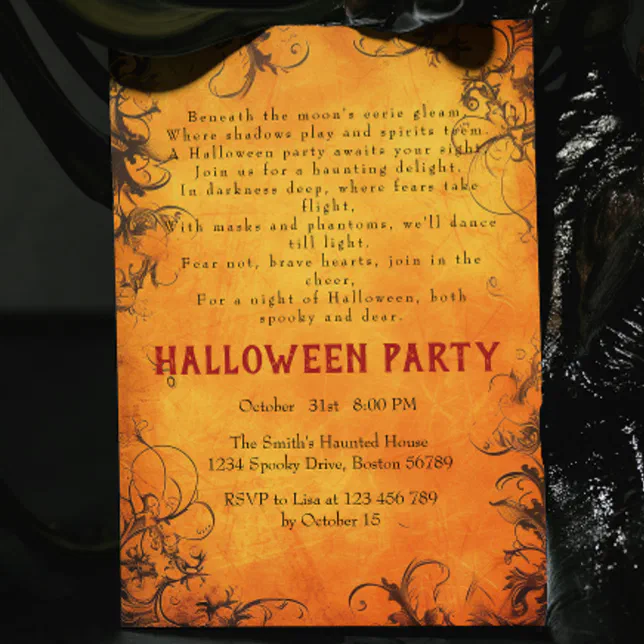 Dark trees Orange Poem Halloween Party Invitation | Zazzle