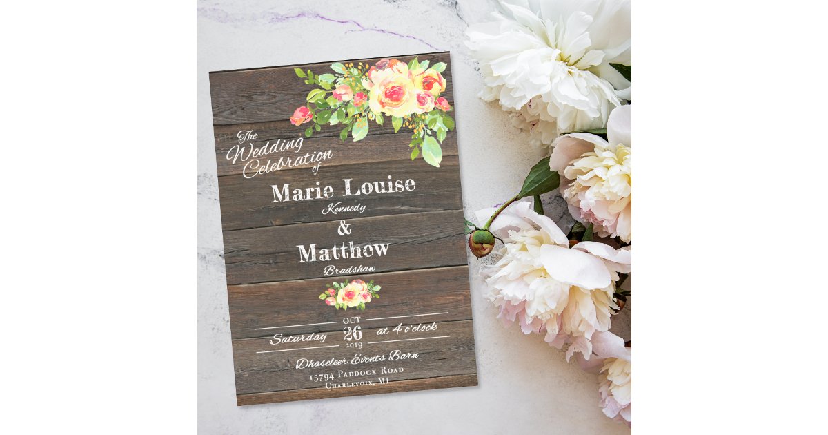 Dark Wood Rustic Flower Wedding Invitation | Zazzle