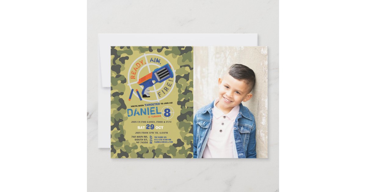 Dart Gun Fun Aim Photo Camo Birthday Invitation | Zazzle