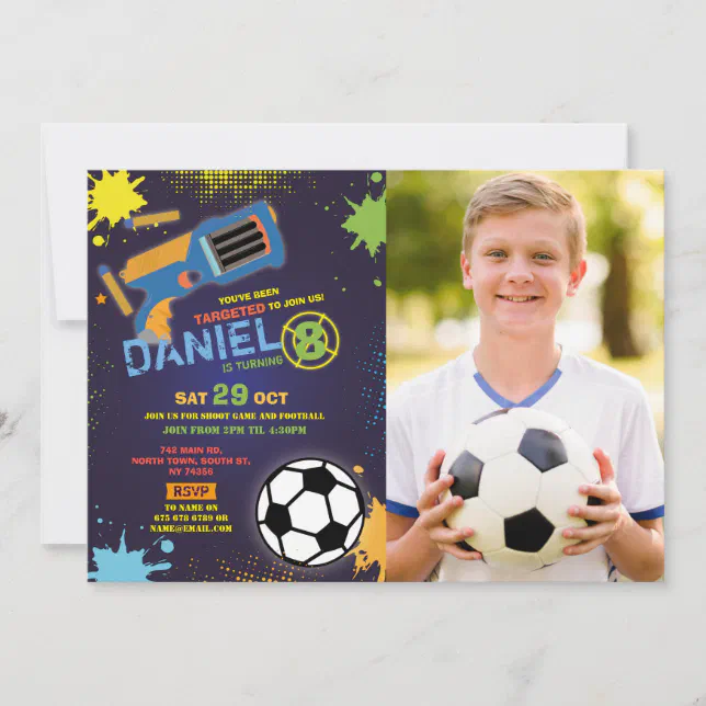 Dart Gun Fun Aim Shoot Football Birthday Photo Invitation | Zazzle