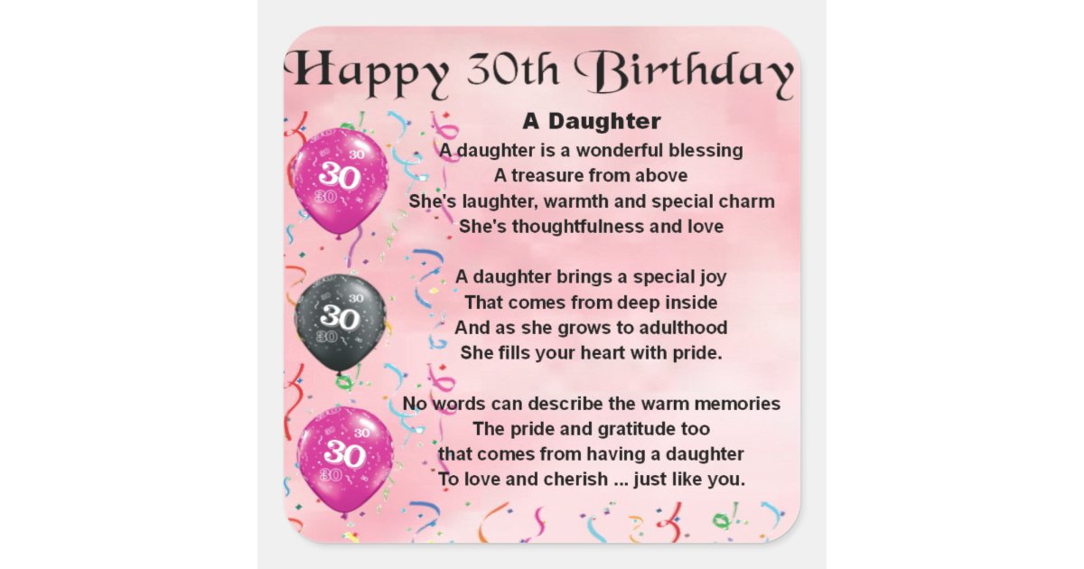 Daughter Poem 30th Birthday Square Sticker | Zazzle