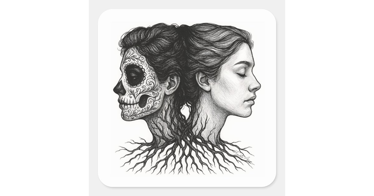 Day of the Dead Life and Death Drawing Square Sticker | Zazzle