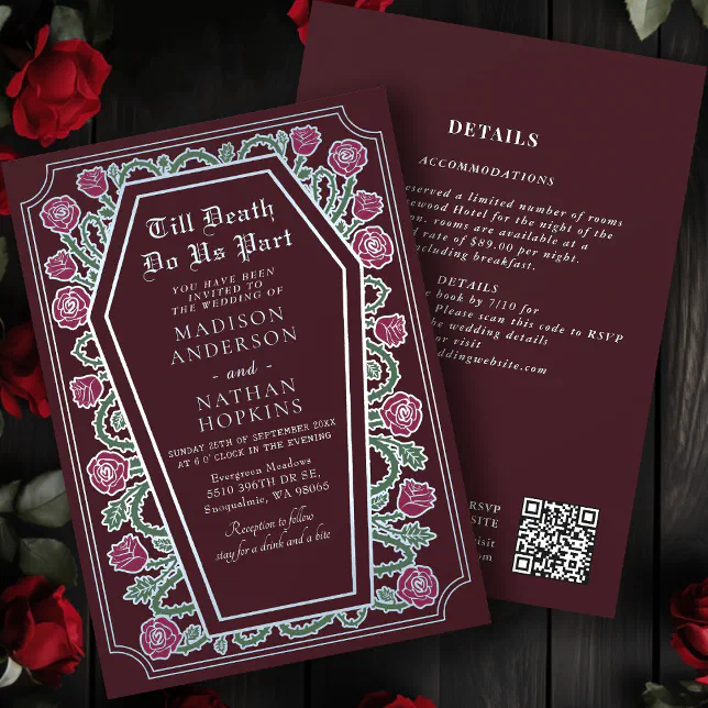 Death Do Us Part Rose Red Gothic Wedding QR Code Invitation | Zazzle