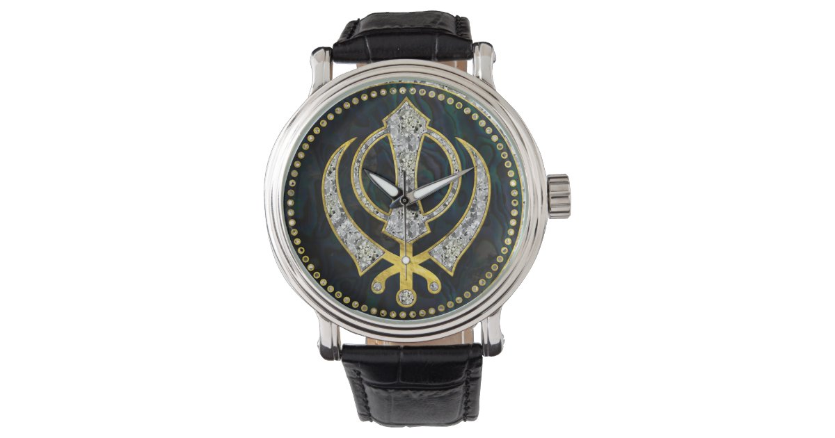 Decorative Khanda symbol with gemstones & gold Watch | Zazzle