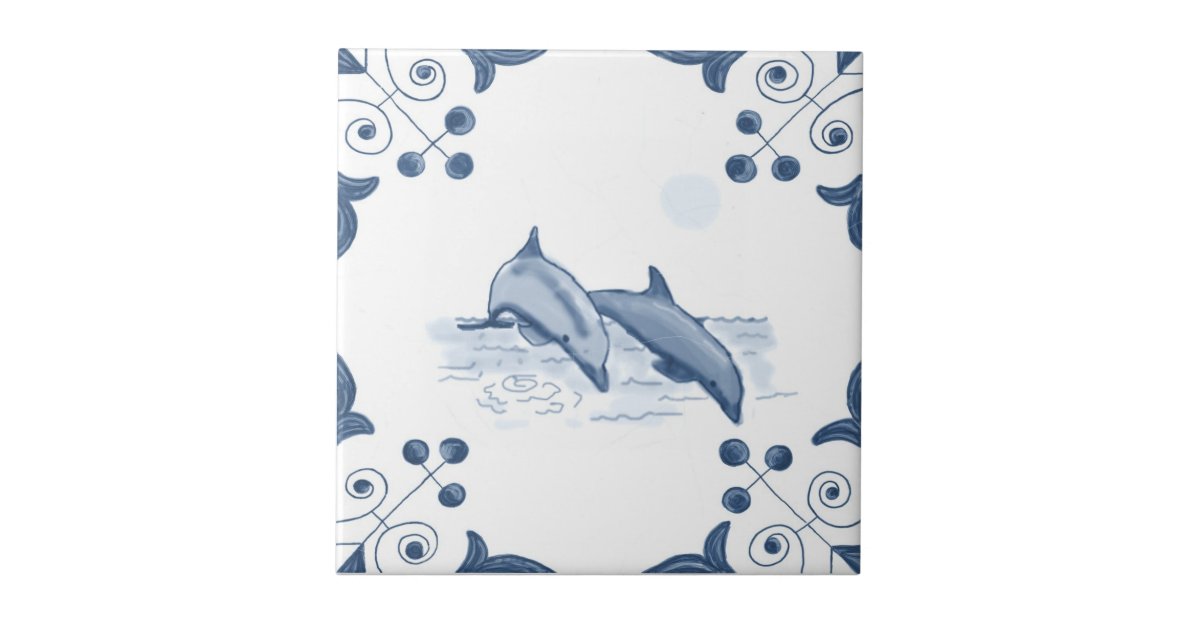 Delft Dolphins Tile with Scroll Corners | Zazzle