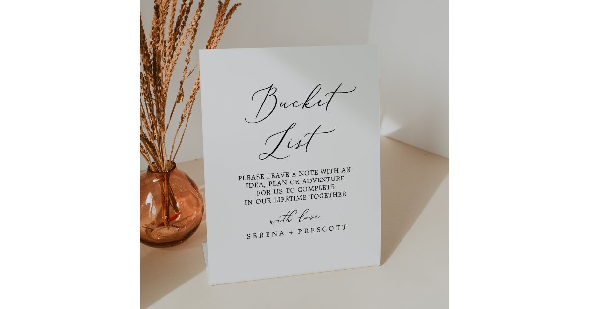 Delicate Black Calligraphy Wedding Bucket List Pedestal Sign | Zazzle