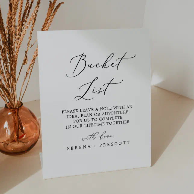 Delicate Black Calligraphy Wedding Bucket List Pedestal Sign | Zazzle