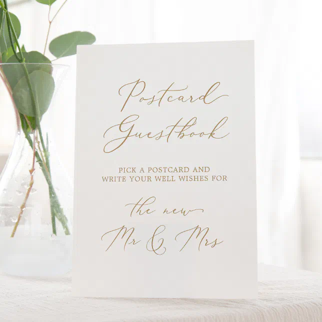Delicate Gold Calligraphy Postcard Guestbook Pedestal Sign | Zazzle
