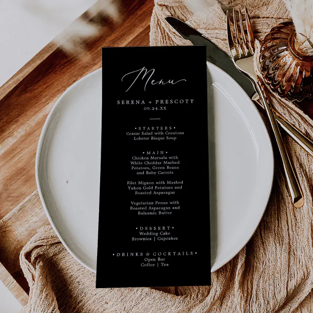 Delicate White on Black Calligraphy Wedding Dinner Menu | Zazzle