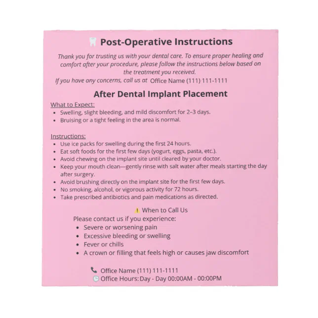 Dental Post Op Instructions Notepad (Implant) | Zazzle