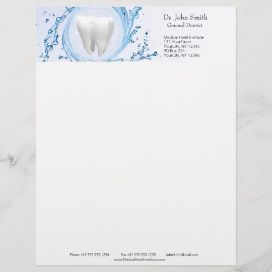 Dentist Dental Tooth Water Professional Letterhead Design | Zazzle.co.uk