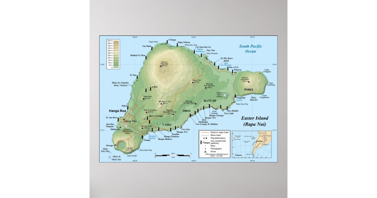 Detailed Topographic Map of Easter Island Poster | Zazzle