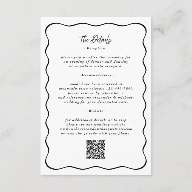 Details Wavy Border QR Code Wedding Black Enclosure Card | Zazzle