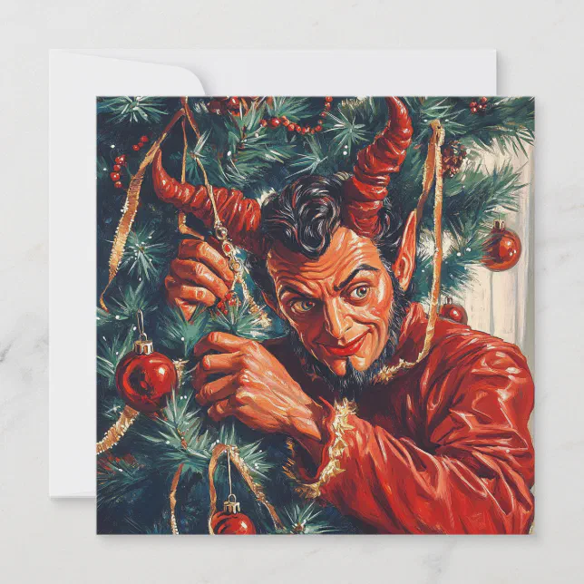 Devil Decorates the Xmas Tree Holiday Card | Zazzle