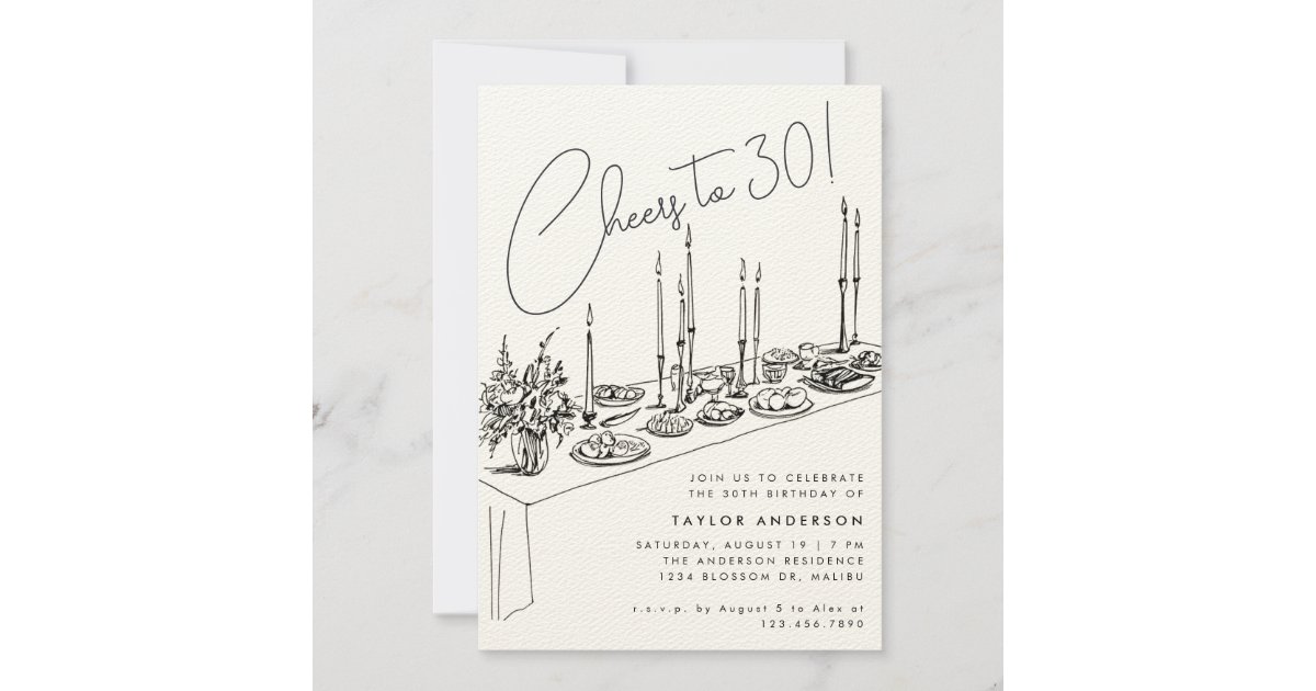 Dinner Table Cheers Drawing 30th Birthday Party Invitation | Zazzle