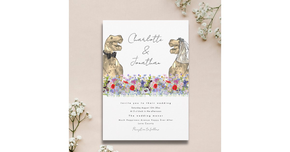 Dinosaur Bride and Groom Wildflower Invitation | Zazzle