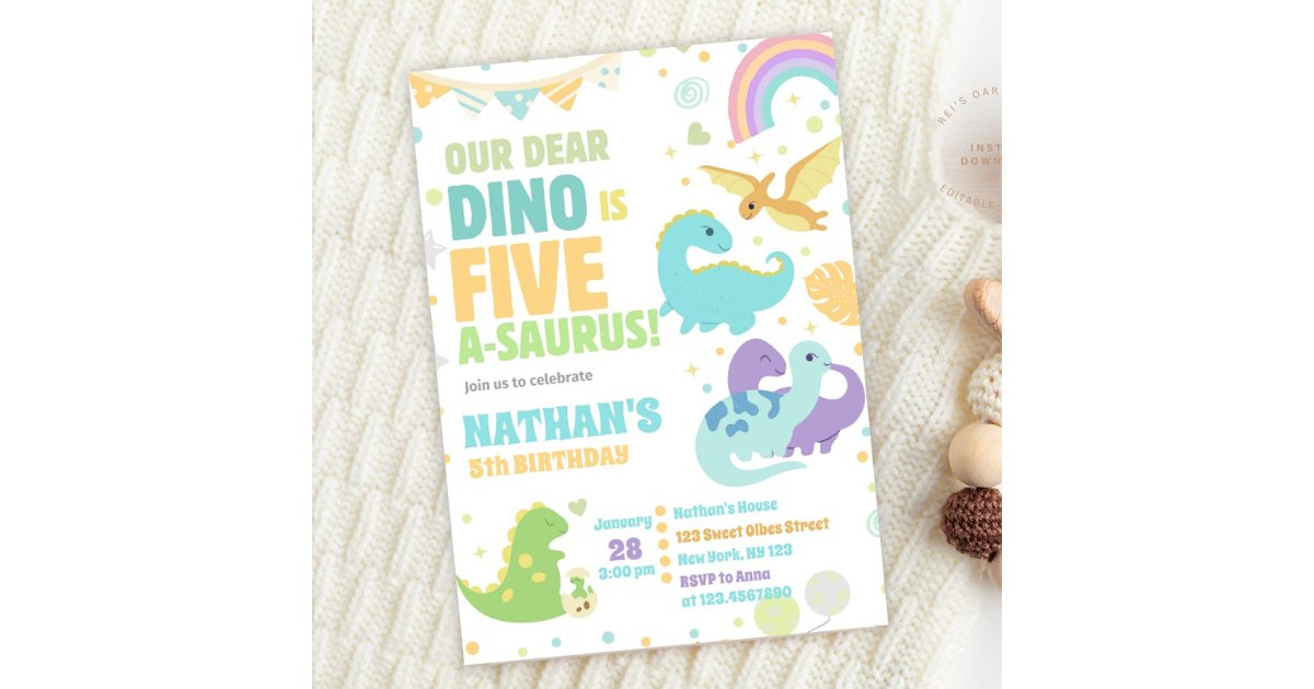 Dinosaur Five-A-Saurus 5th Birthday Party Pastel Invitation | Zazzle