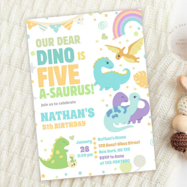 Dinosaur Five-A-Saurus 5th Birthday Party Pastel Invitation | Zazzle