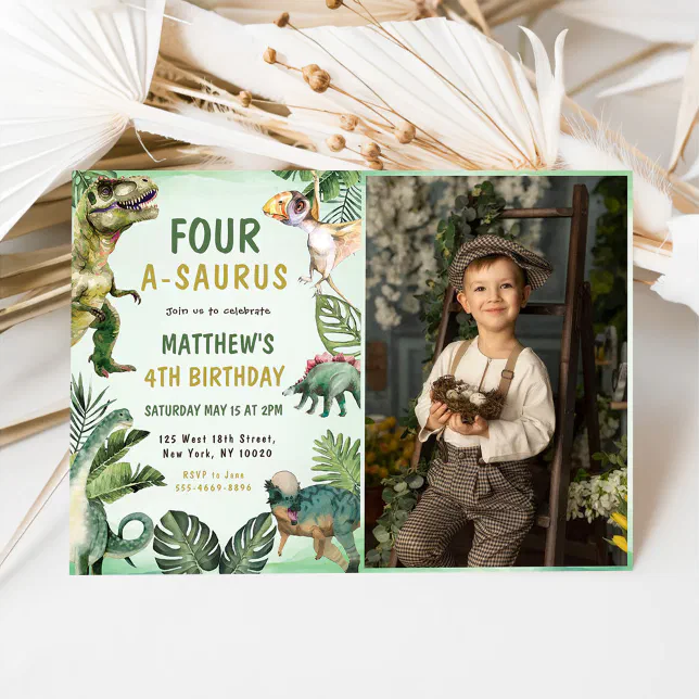 Dinosaur Four-A-Saurus 4th Birthday Party Photo Invitation | Zazzle