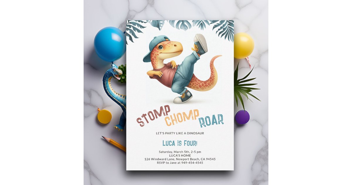 Dinosaur Moves Cool Stomp Chomp Roar Boy Birthday Invitation | Zazzle
