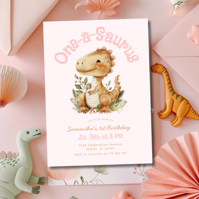 Dinosaur One-A-Saurus 1st Birthday Party Girl Pink Invitation | Zazzle