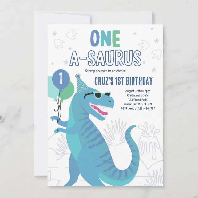 Dinosaur One A-Saurus 1st Birthday Party T-Rex Invitation | Zazzle