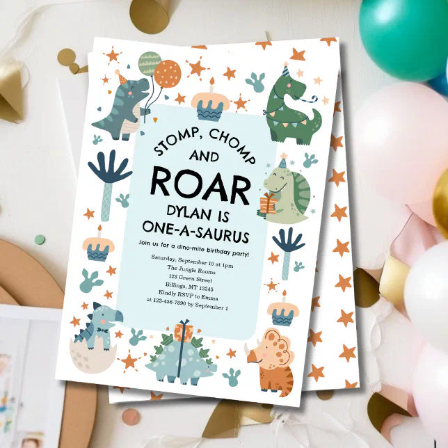 Dinosaur Stomp Chomp and Roar First Birthday Invitation | Zazzle