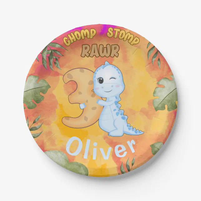 Dinosaur Stomp Chomp Rawr 3rd birthday party Paper Plate | Zazzle