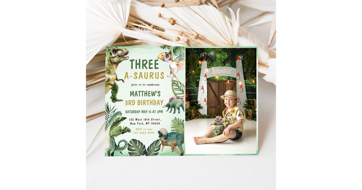 Dinosaur Three-A-Saurus 3rd Birthday Party Photo Invitation | Zazzle
