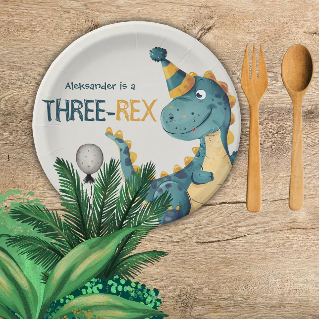 Dinosaur Trex Three Rex 3rd Birthday Party Paper Plate | Zazzle