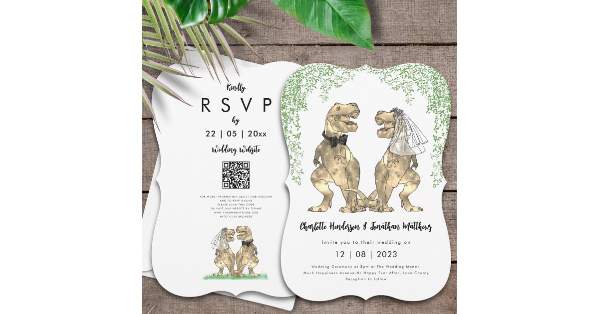 Dinosaur Wedding T-Rex Bride and Groom QR Code Invitation | Zazzle