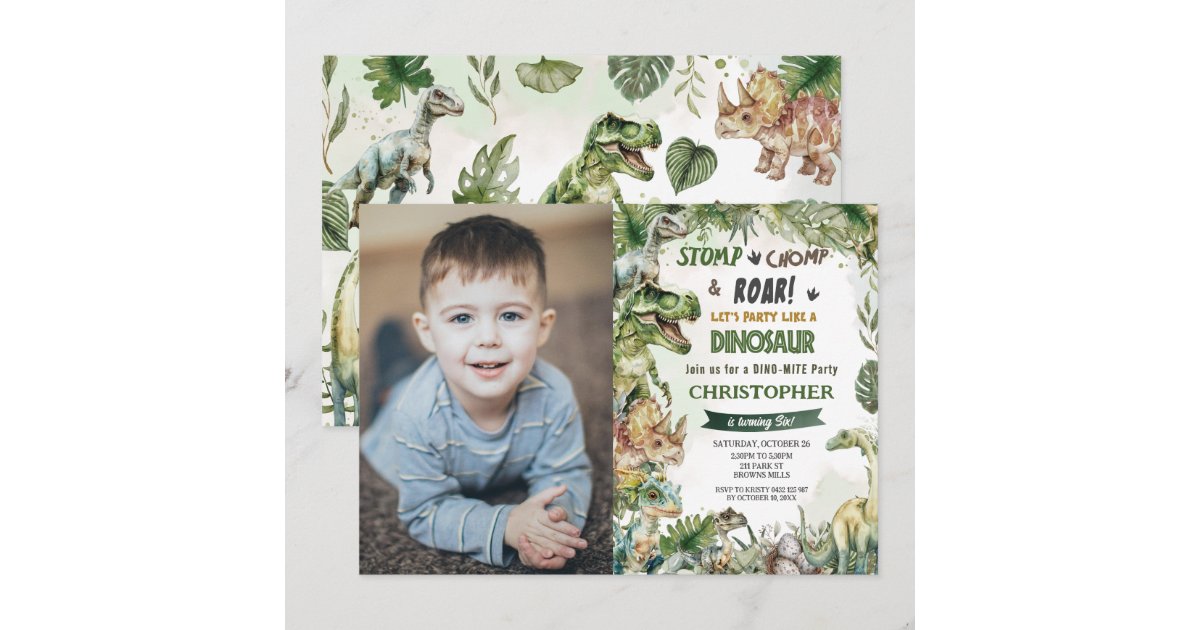 Dinosaurs Birthday Party Stomp Chomp Roar Photo Invitation | Zazzle