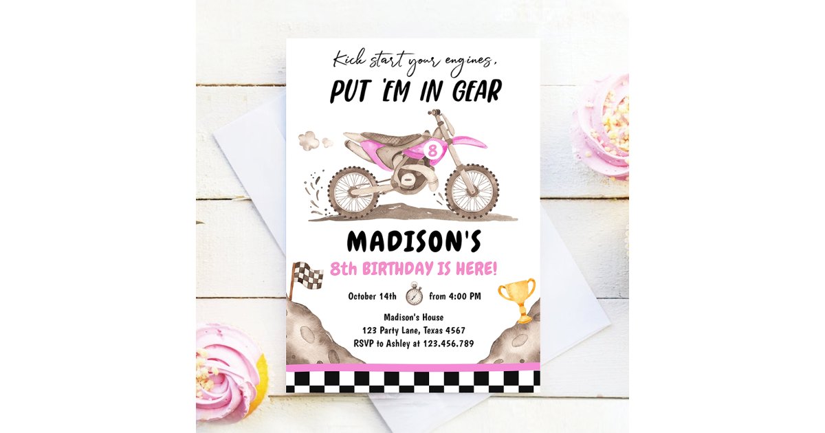 Dirt Bike Motorcross Racing Biking Girl Birthday Invitation | Zazzle