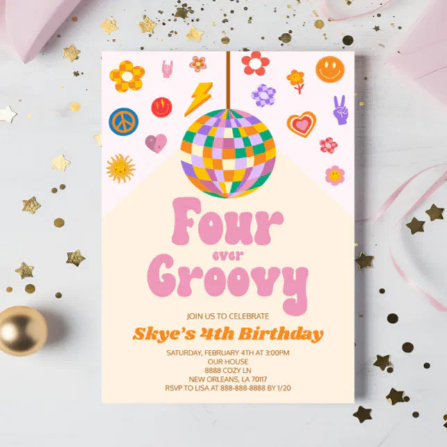 Disco Ball Four Ever Groovy 4th Birthday Party Invitation | Zazzle