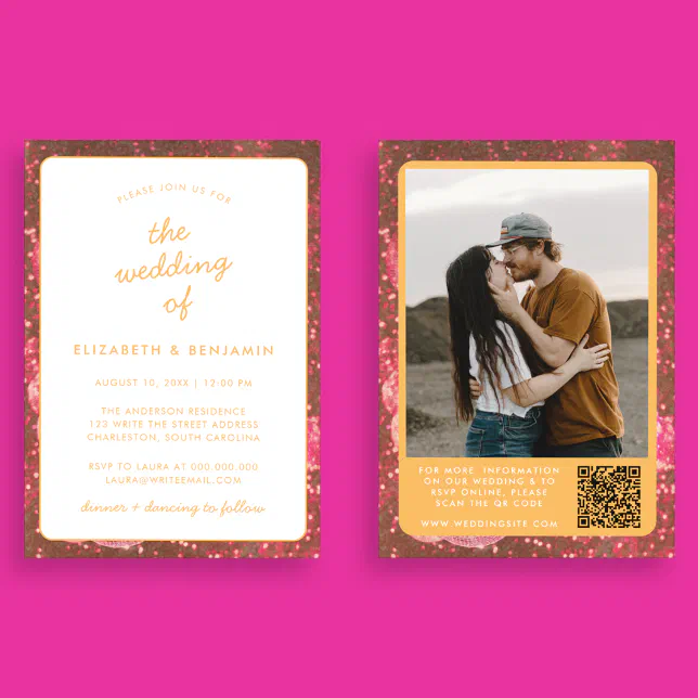 Disco Ball QR Code Photo Hot Pink Orange Wedding Invitation | Zazzle