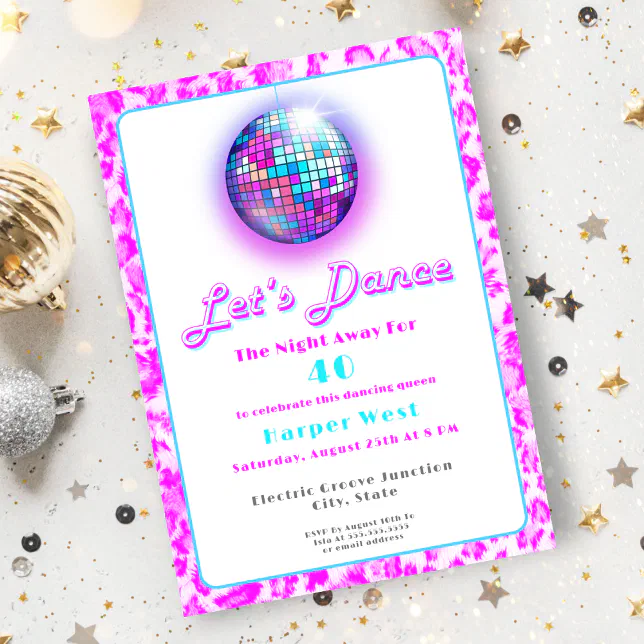 Disco Pink Leopard Print Retro Dance Birthday Invitation | Zazzle