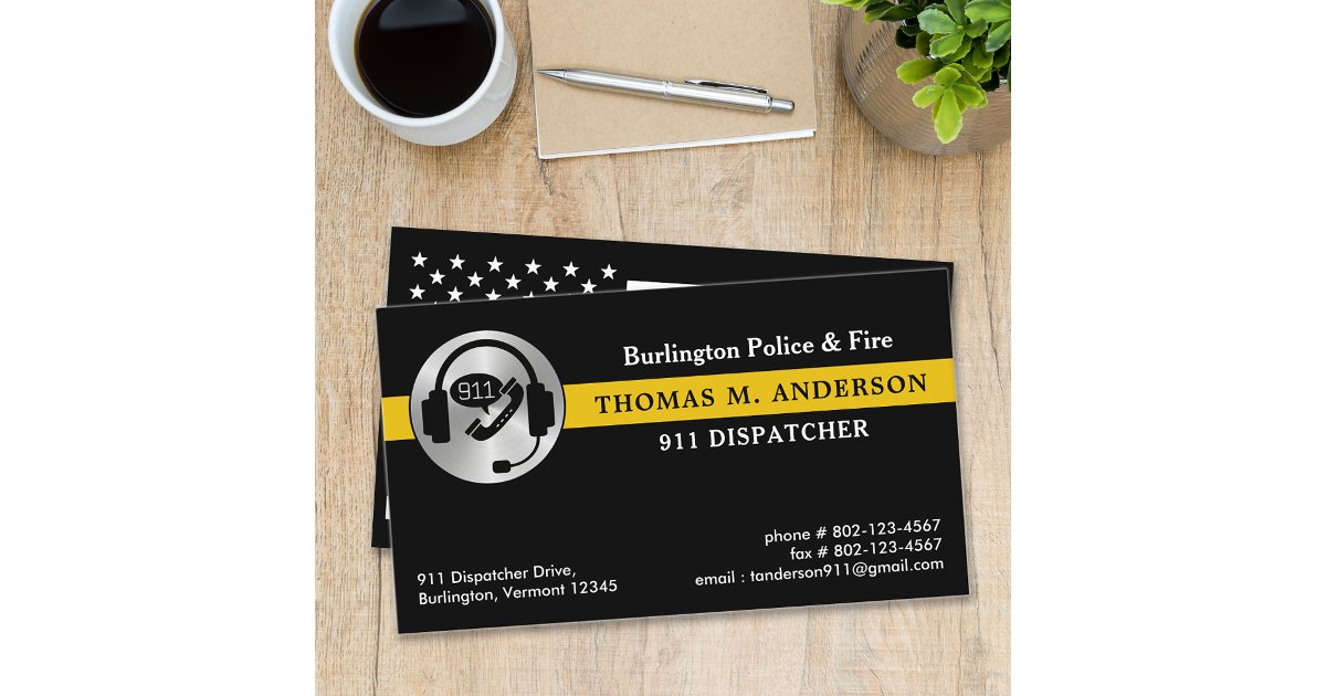 Dispatcher Custom Thin Gold Line 911 Logo Business Card | Zazzle